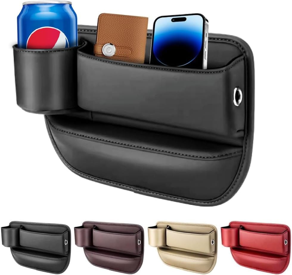 Car Leather Cup Holder Gap Bag, Leather Car Seat Storage Box with Water Cup Holder,Car Seat Gap ...