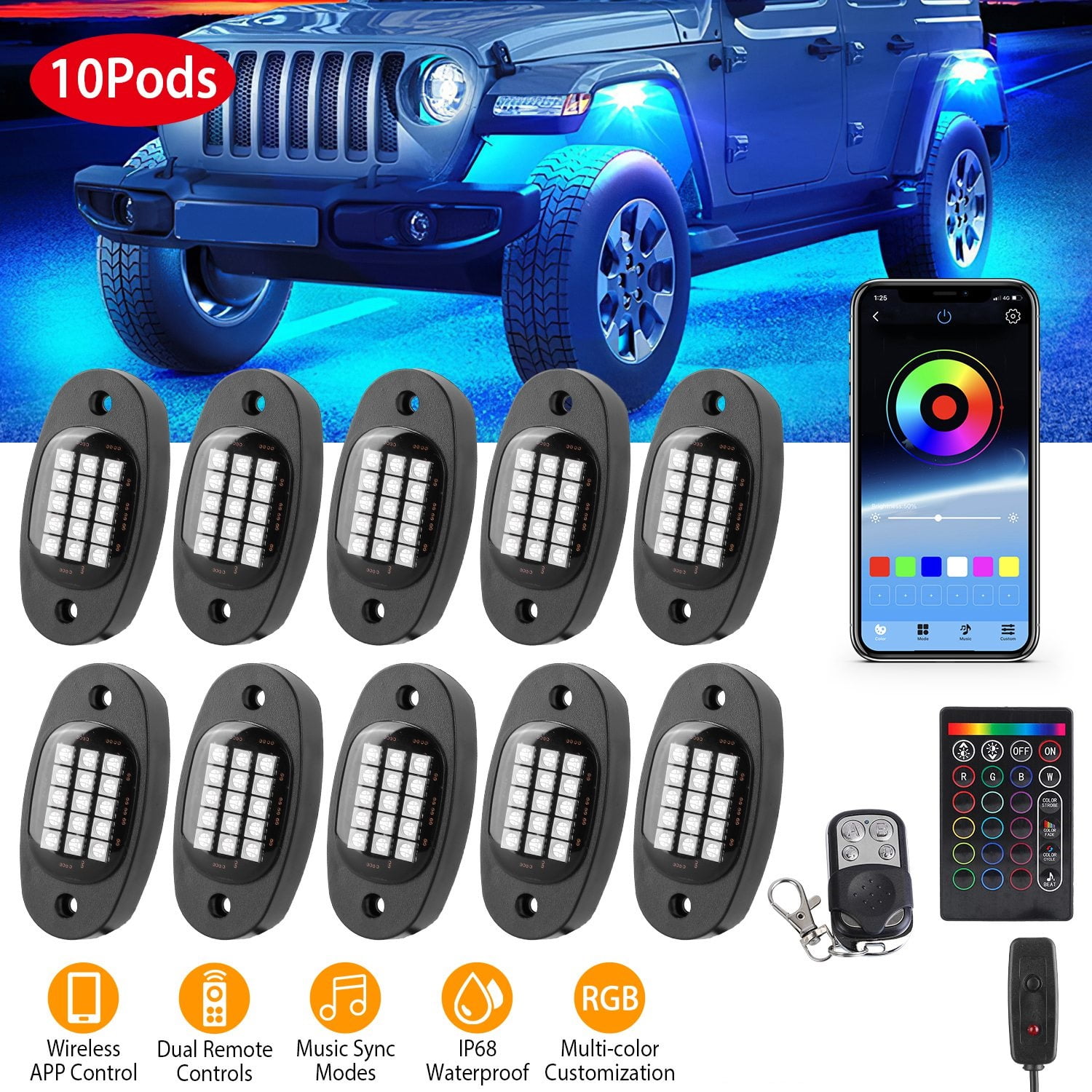 Car Neon Light Kit, iMountek 10 Pods RGB LED Rock Lights with Double ...