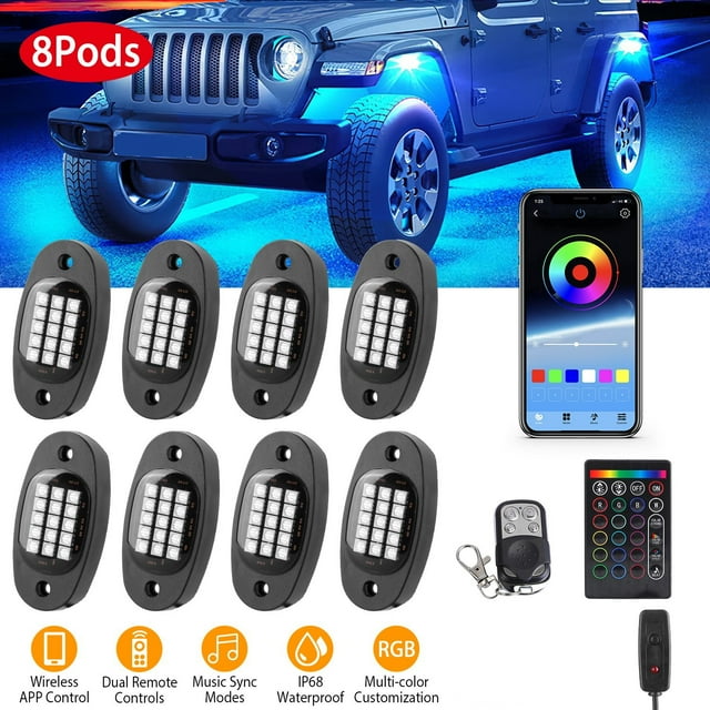 Car Neon Light Kit, iMountek 8 Pods RGB LED Rock Lights with Double Remote Controls Wireless APP ...