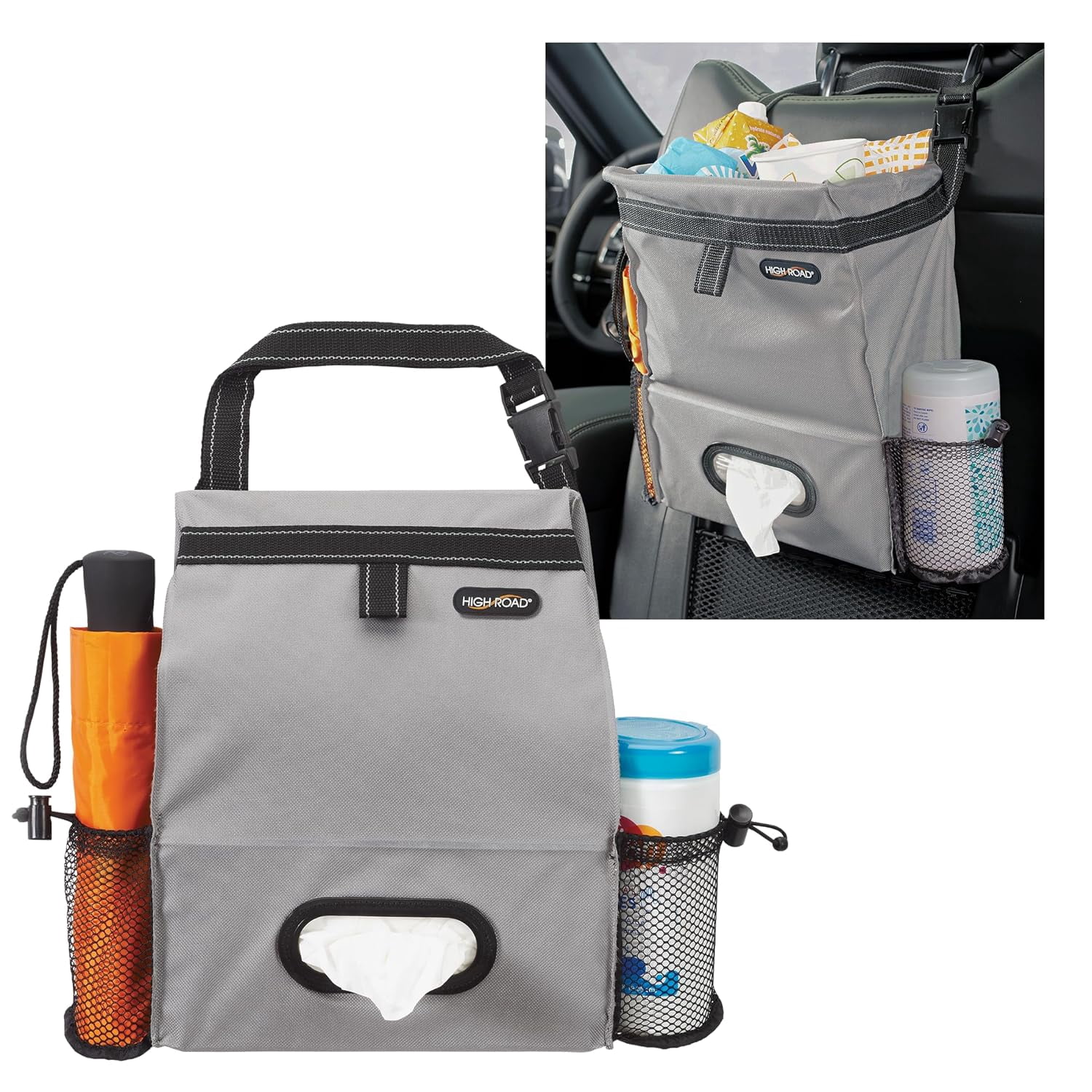 Car Organizer with Trash Bin and Tissue Holder - Holds Full Size Box ...