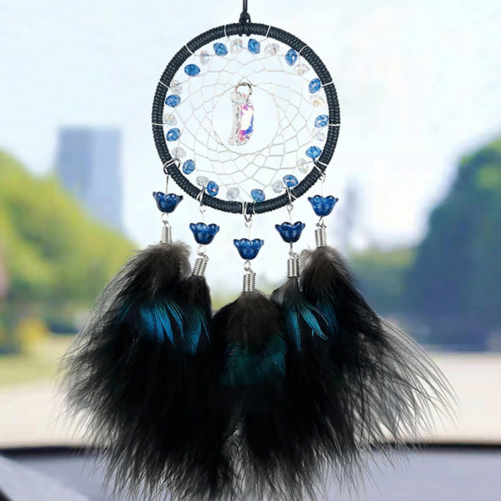 Car Pendant Hand Woven Peacock Feather Blue Sheet Net Car Hanging ...