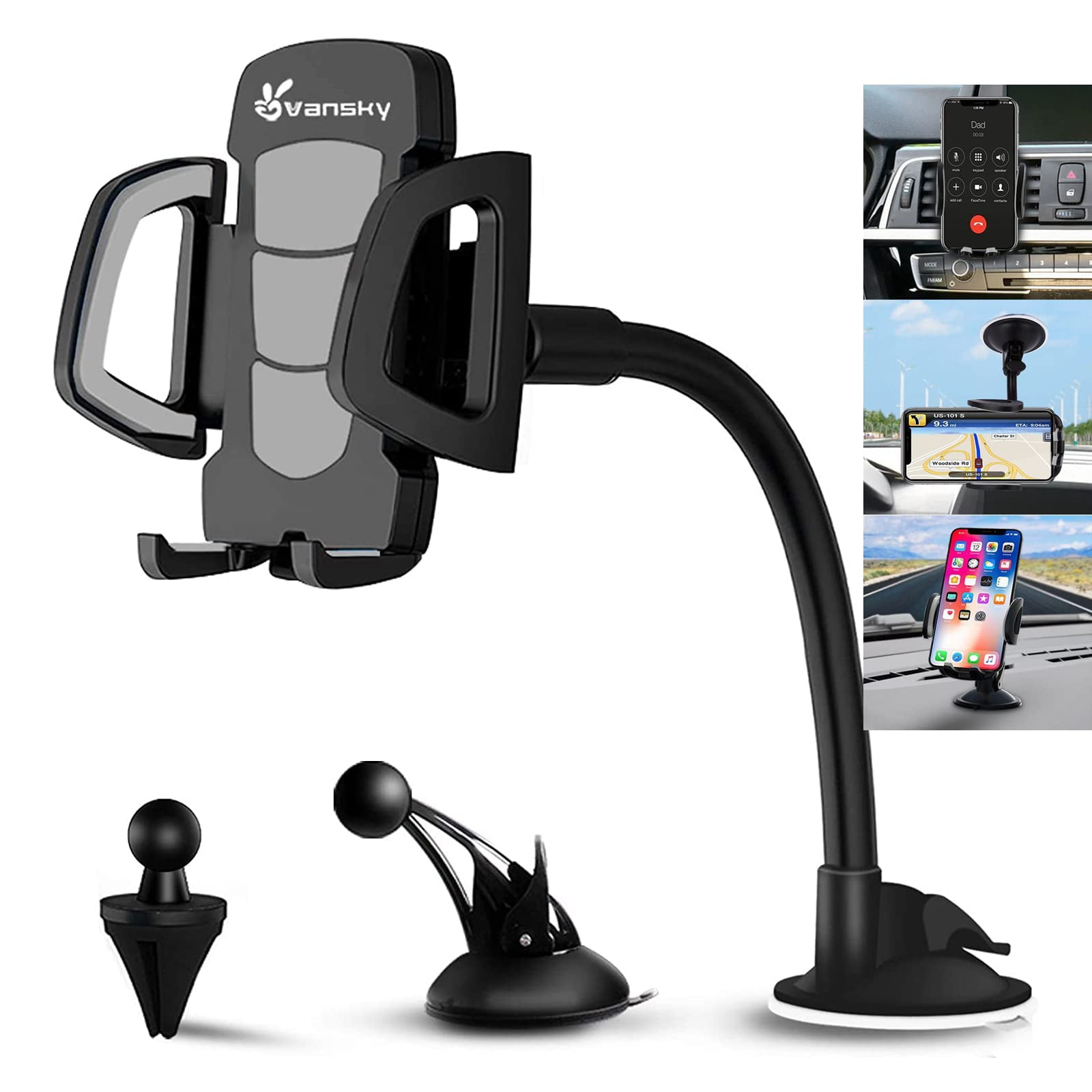 Car Phone Mount, Vansky 3-in-1 Cell Holder Air Vent Dashboard Mount Windshield for iPhone Xs Max ...