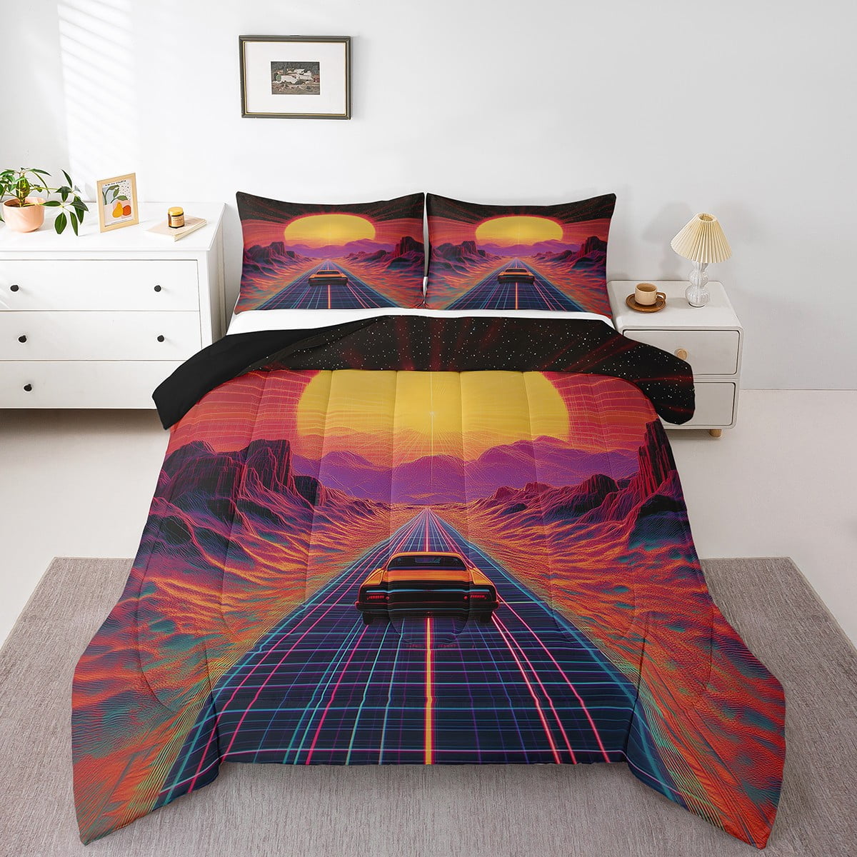 Car Printed Bedding Sets Red Sun Themed Queen Comforter Set Nature ...