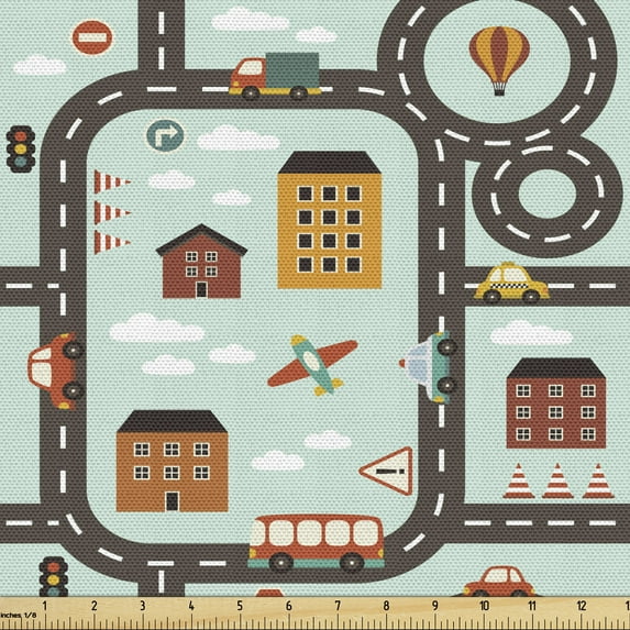 Ambesonne Car Race Track Fabric by the Yard Upholstery, Roads Planes, 1 ...