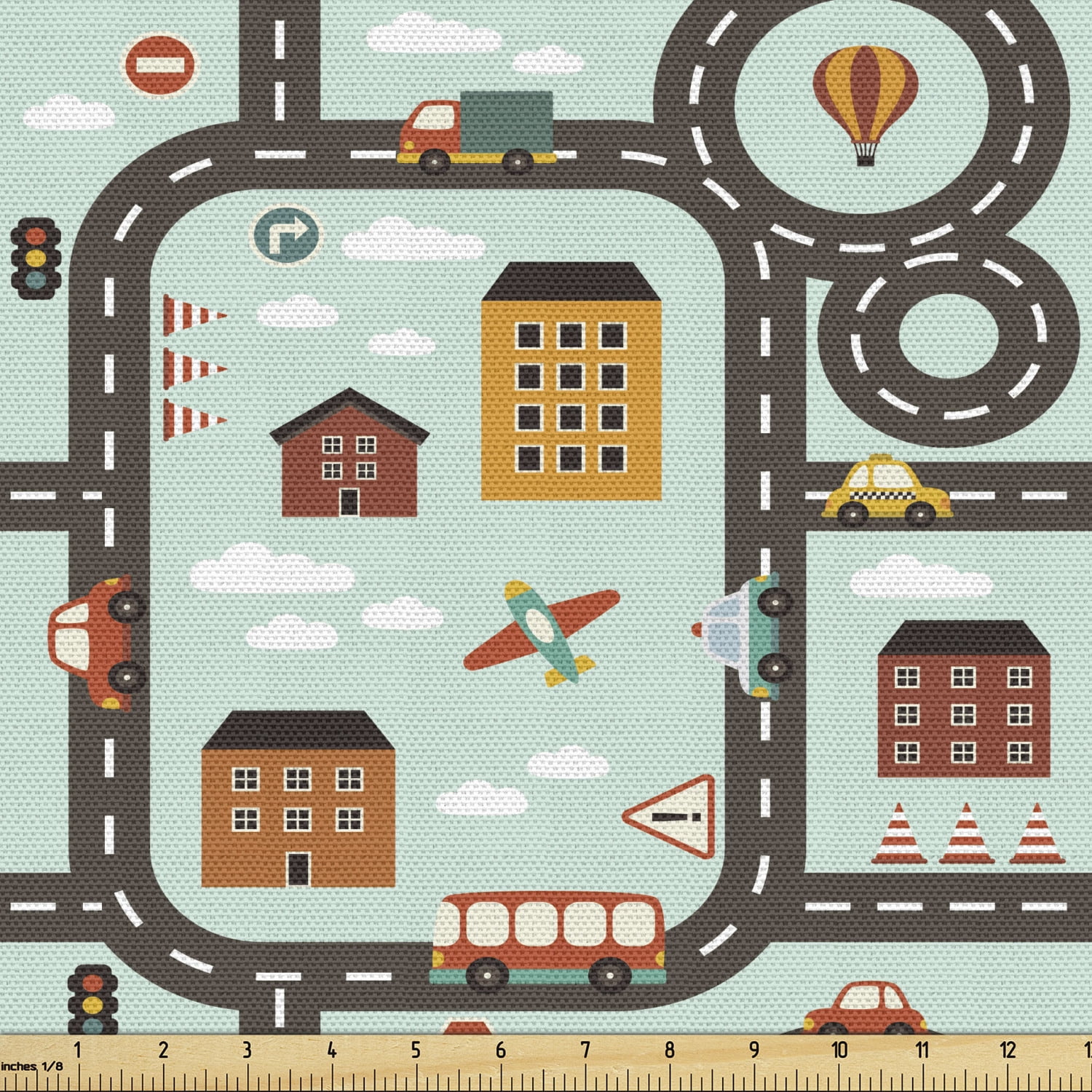 Car Race Track Fabric by the Yard, Cartoon Design Road Activity Circles ...