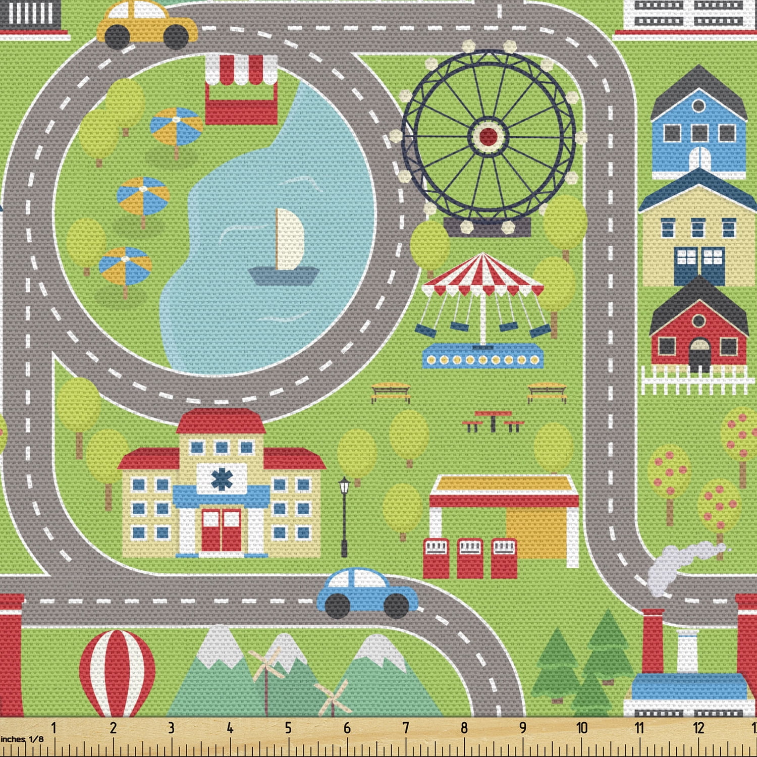 Ambesonne Car Race Track Fabric by the Yard Upholstery, Cartoon City, 1 ...