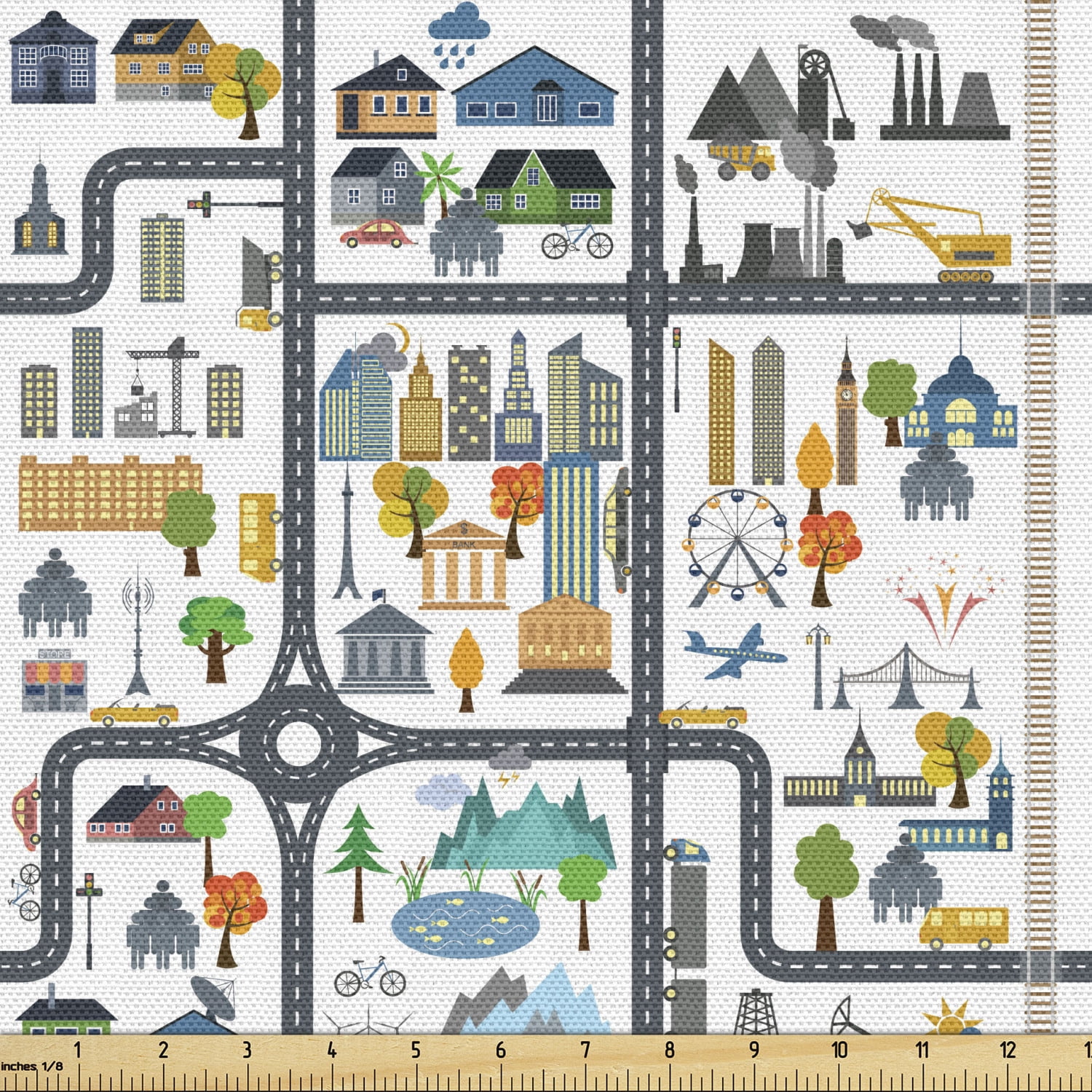 Car Race Track Fabric by the Yard, Graphic Illustration of Cityscape ...