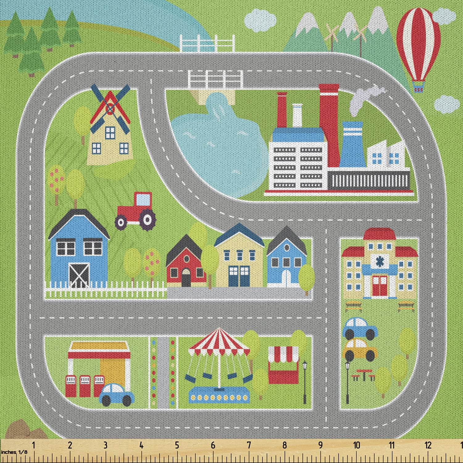Car Race Track Fabric by The Yard, Roadway Activity Sunny City ...