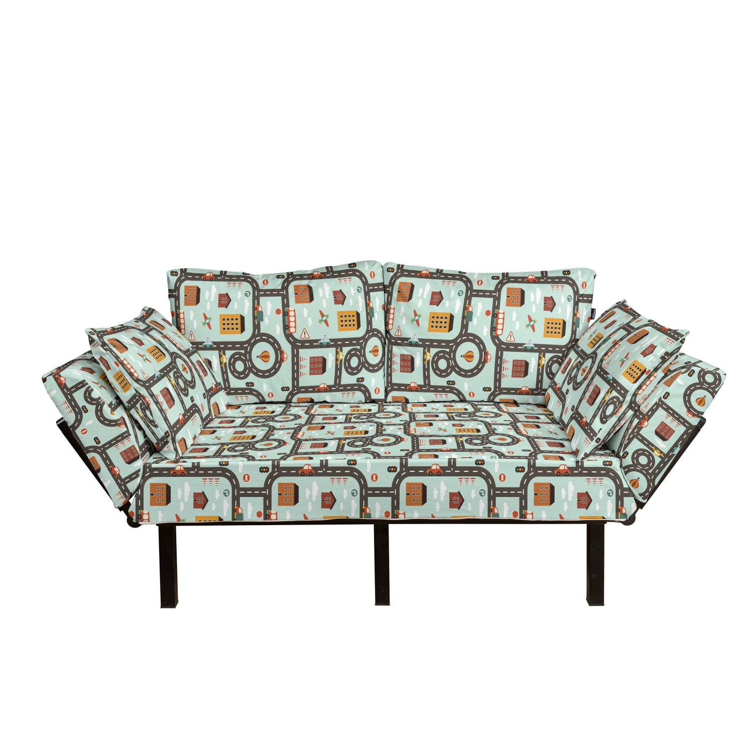 Car Race Track Futon Couch, Cartoon Design Road Activity Circles Hot ...