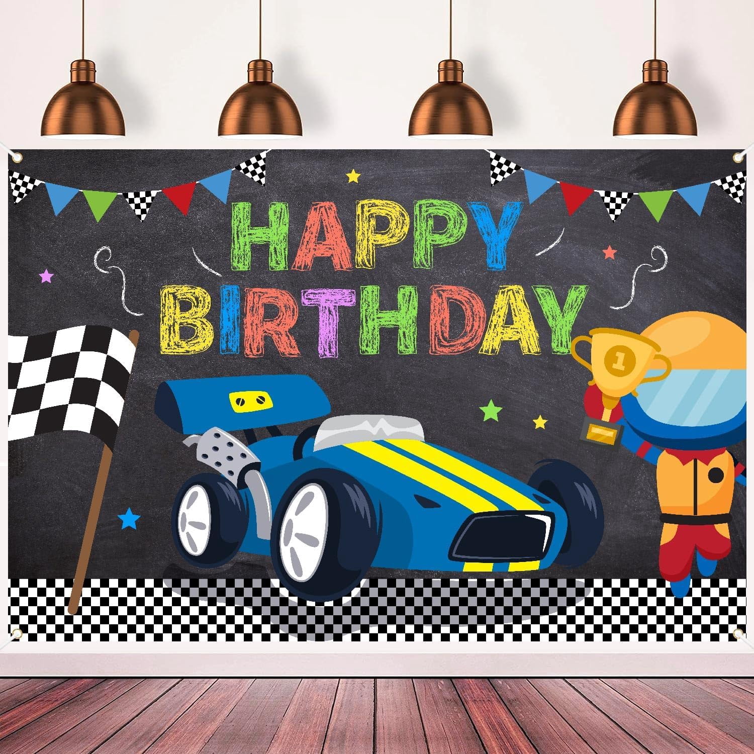 Car Racing Happy Birthday Backdrop Banner Cartoons Race Car Competition ...
