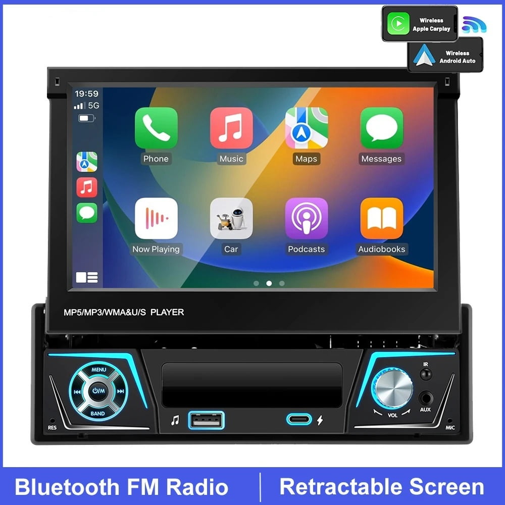 Car Radio Android Carplay Auto Universal 7" IPS Retractable Screen gps Navigation 1Din Android ...