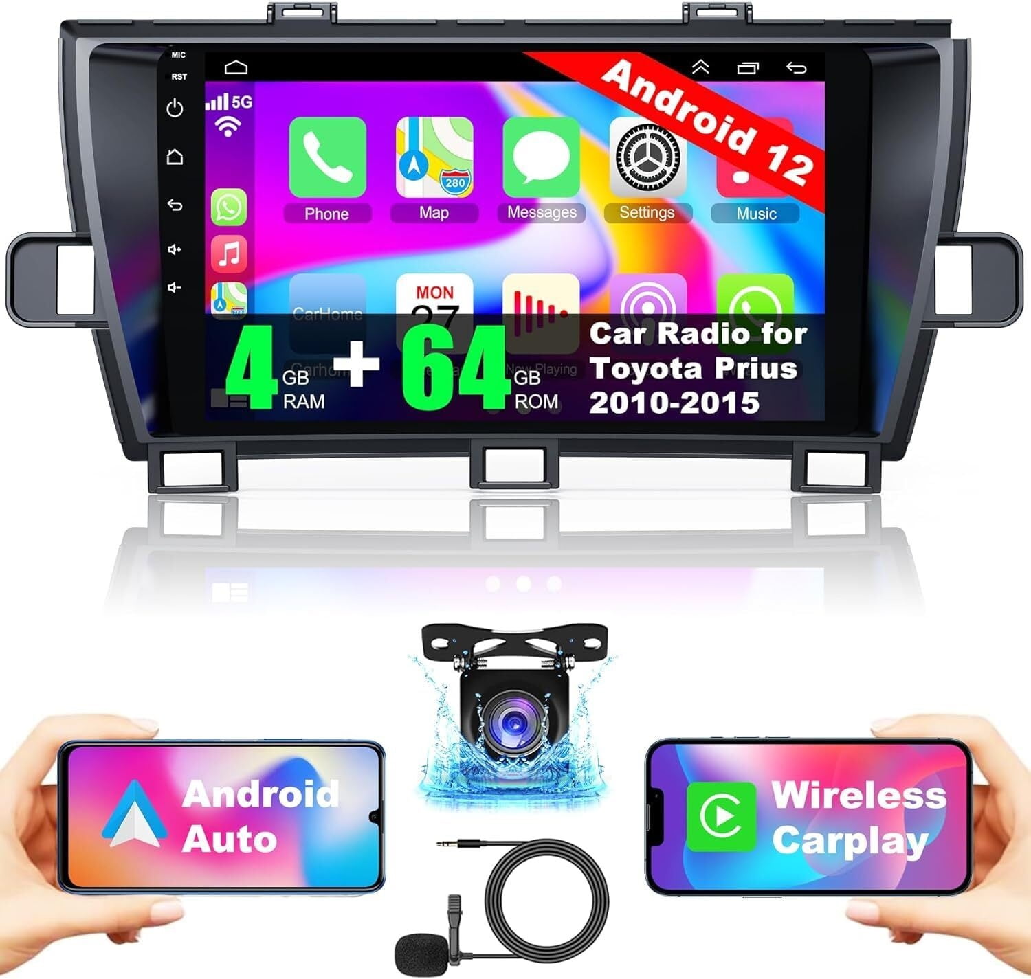 Car Radio for Toyota Prius 2010-2015, Android 12.0 (4G RAM 64G ROM) 9 Inch 5G WiFi Prius Stereo ...