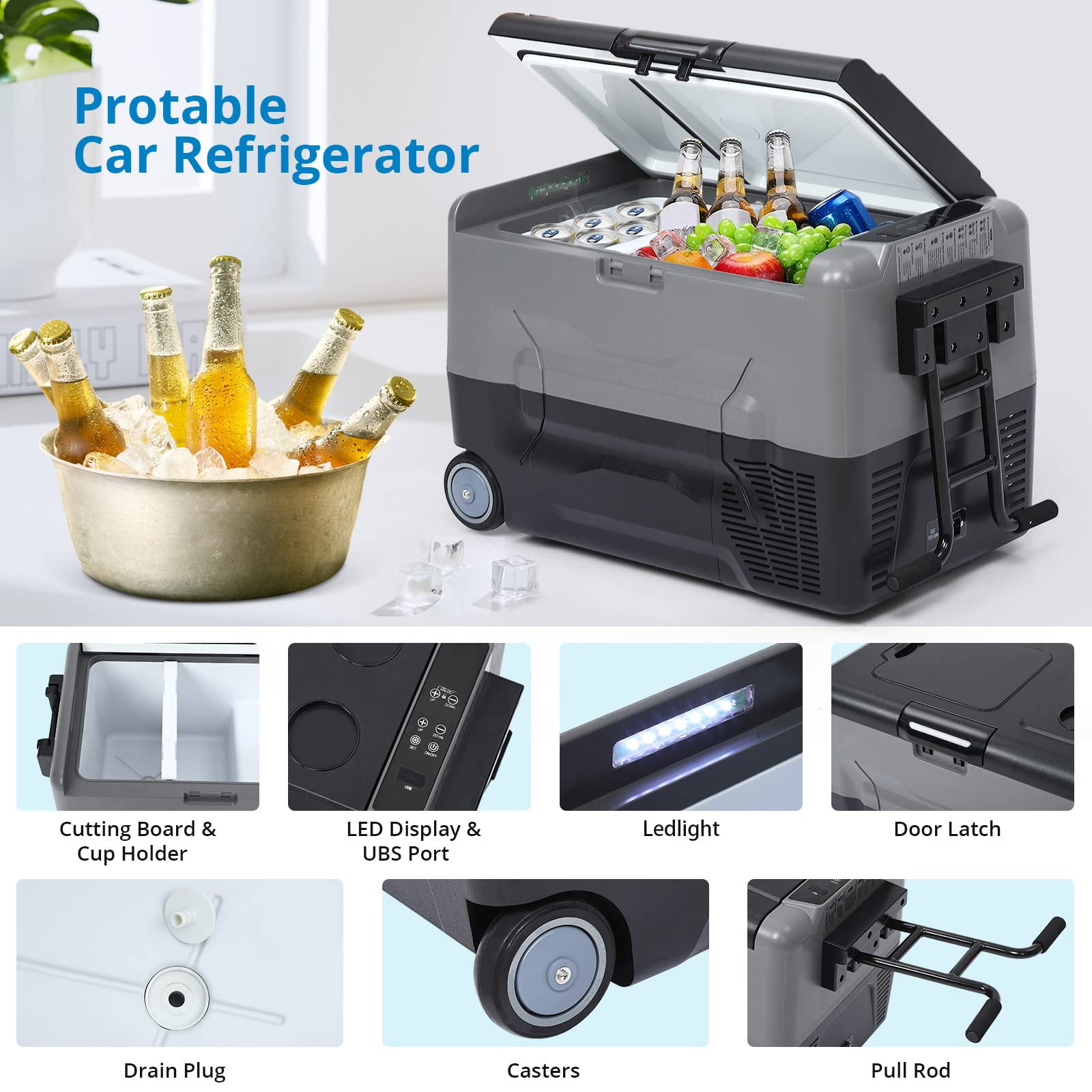 Car Refrigerator with Movable Wheels, Portable Freezer with 12/24V DC ...