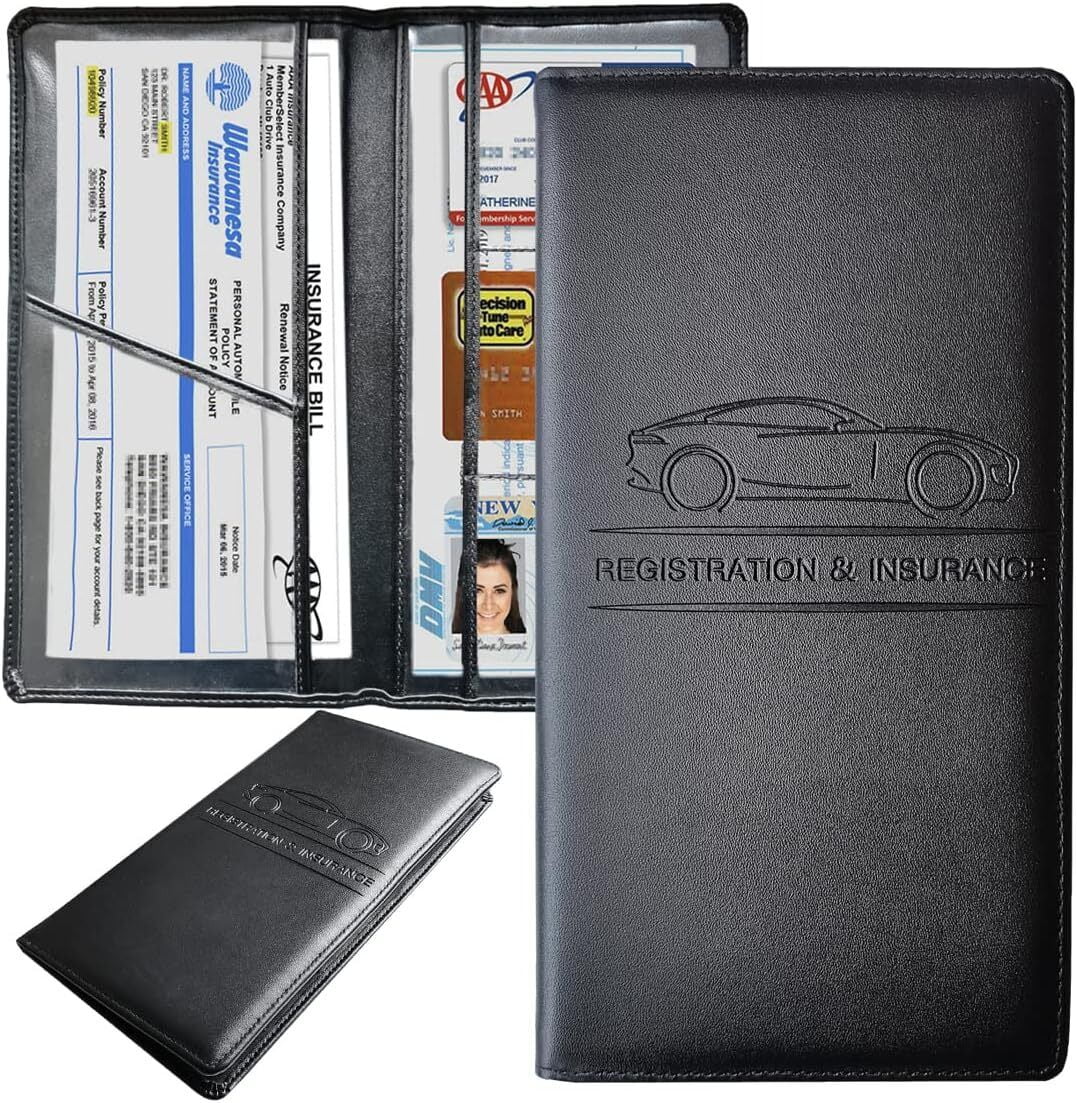 Car Registration and Insurance Holder, Black Leather Vehicle Glove Box ...