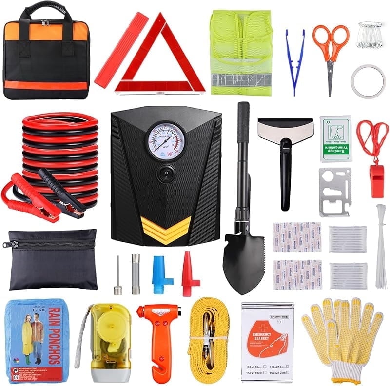 Car Roadside Emergency Kit with Jumper Cables, Folding Survival Shovel ...