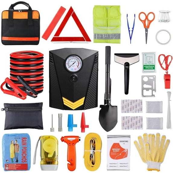 Car Roadside Emergency Kit with Jumper Cables, Folding Survival Shovel ...