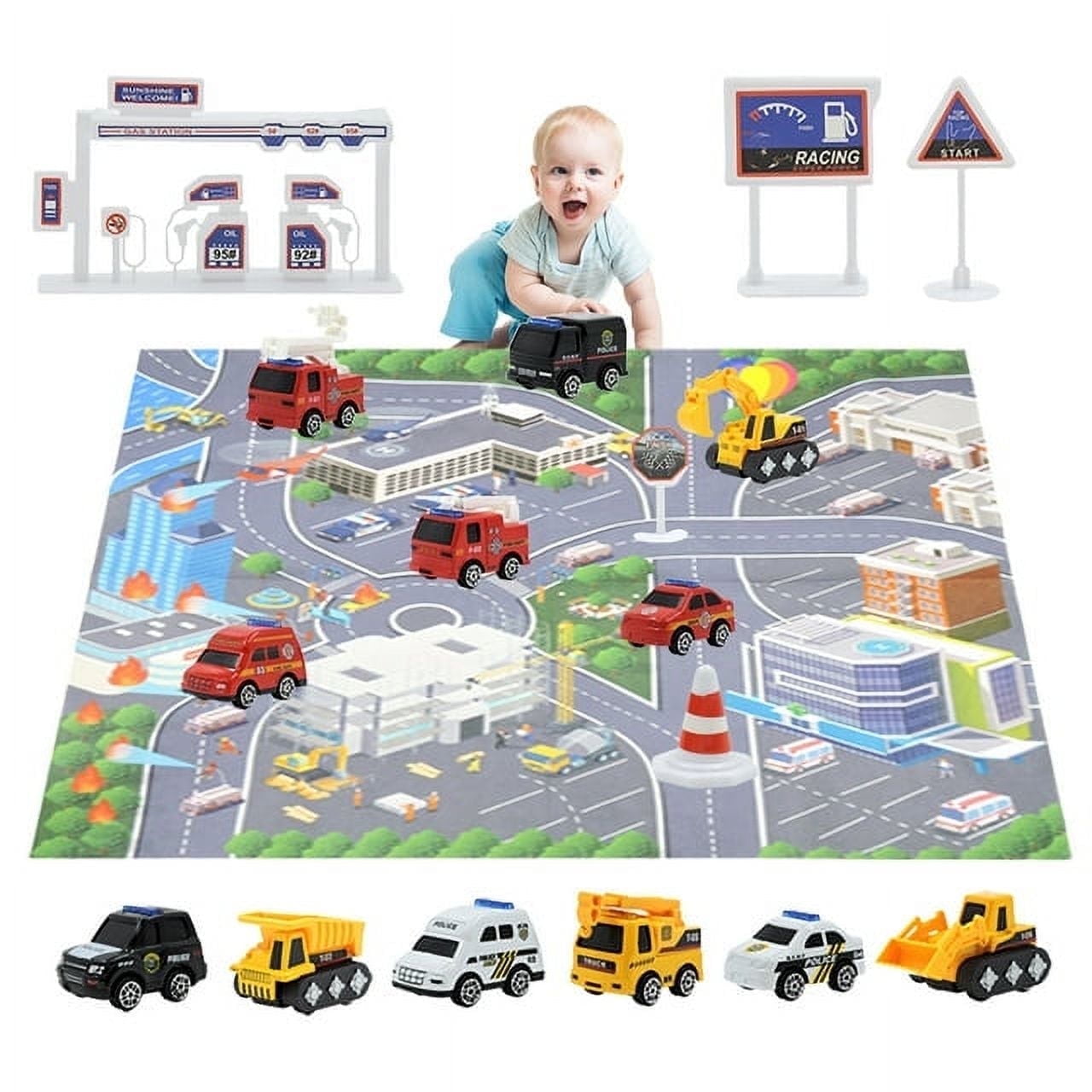Walmart Car Rug Kids Playmat Set, City Life with 12 Cars, Large Track ...