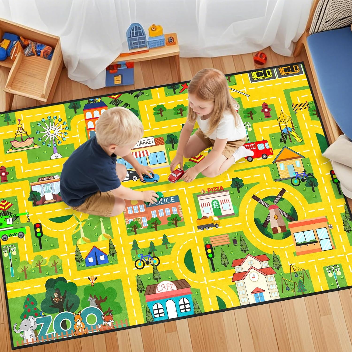 Car Rug Play Mat - Green Road Rug for Kids Boys Room, Fun Race Track ...
