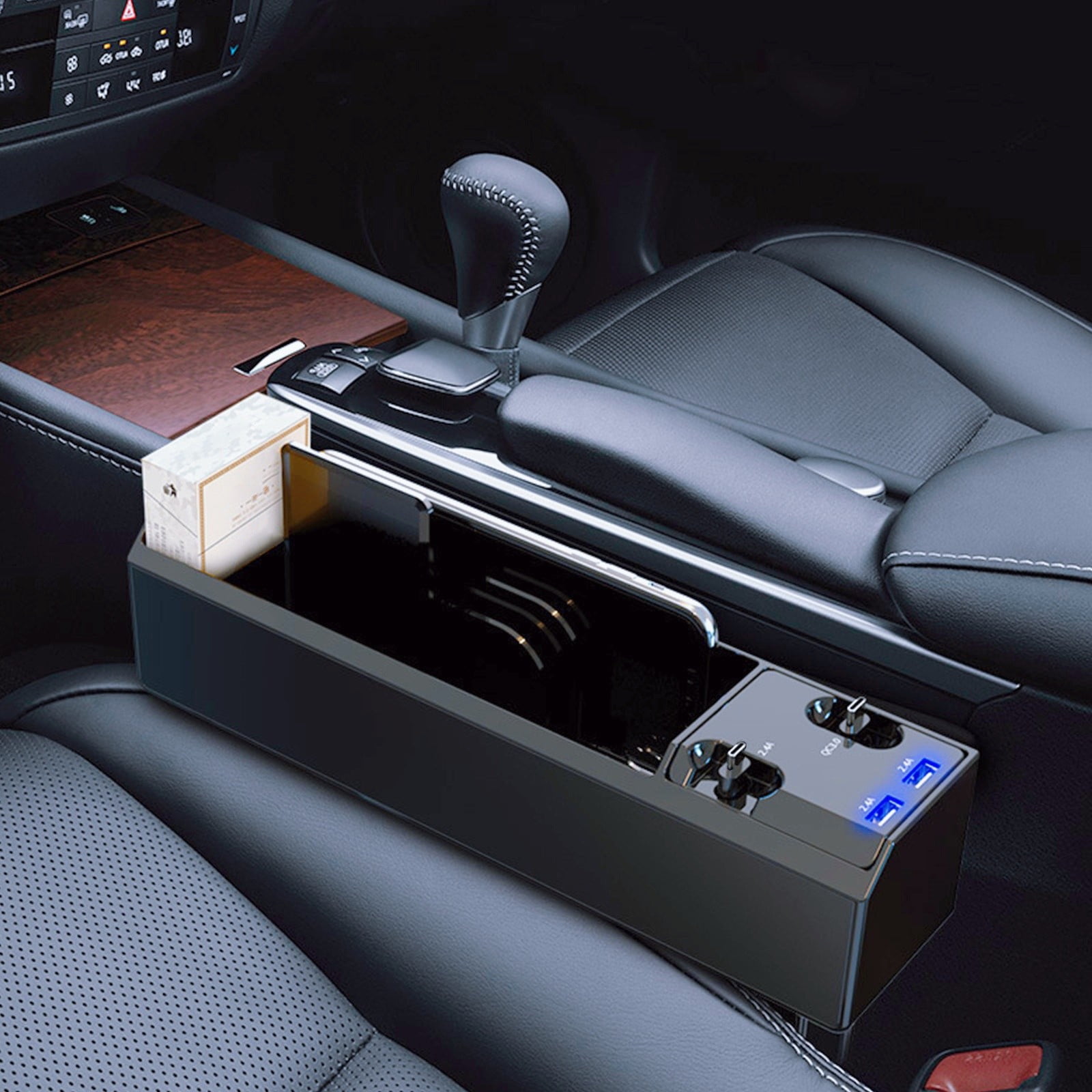 Car Seat Gap Filler Organizer, Storage Box with Cup Holders Double USB ...