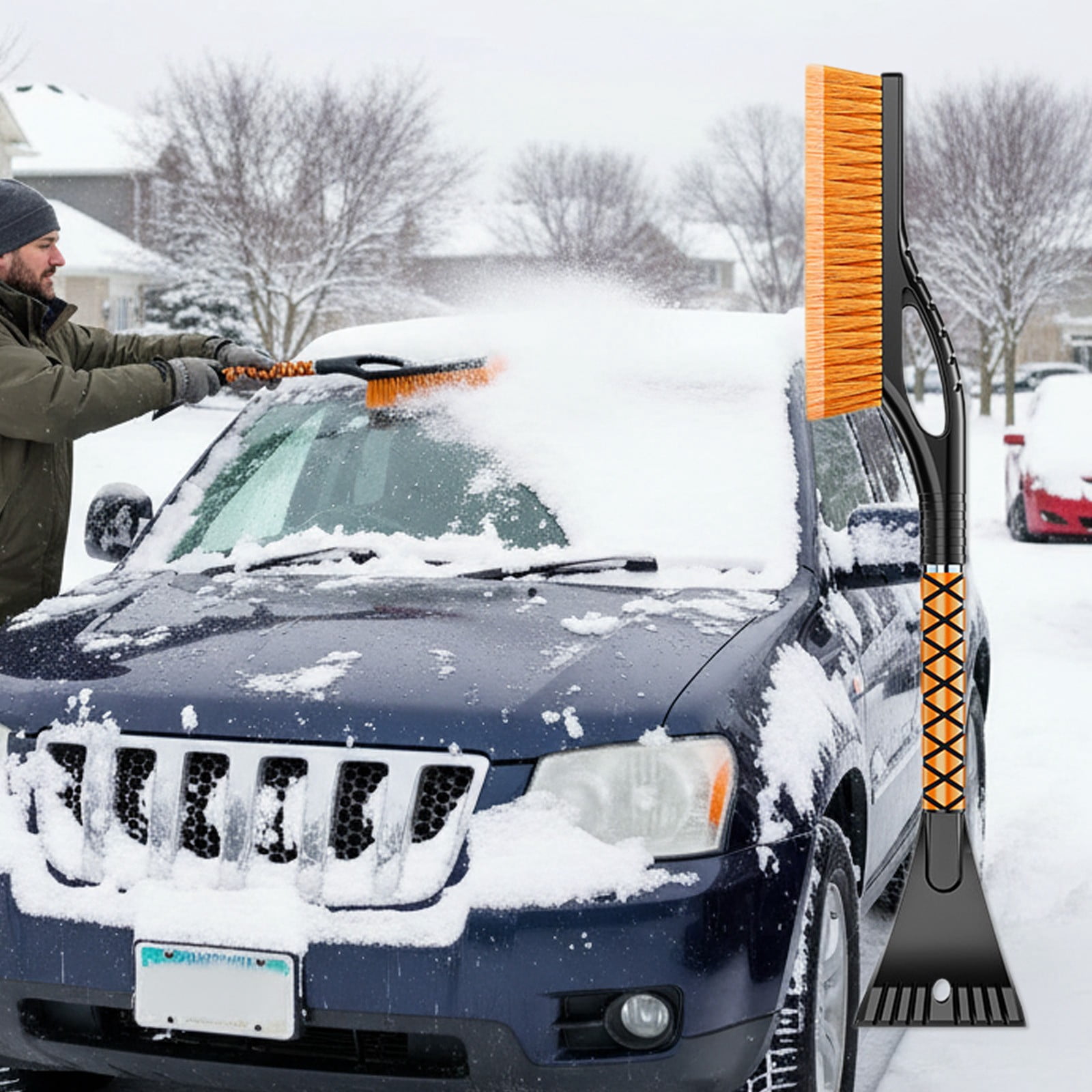 Car Snow Brush and Ice Scraper Orange Bristles with Rubber Grip Handle ...