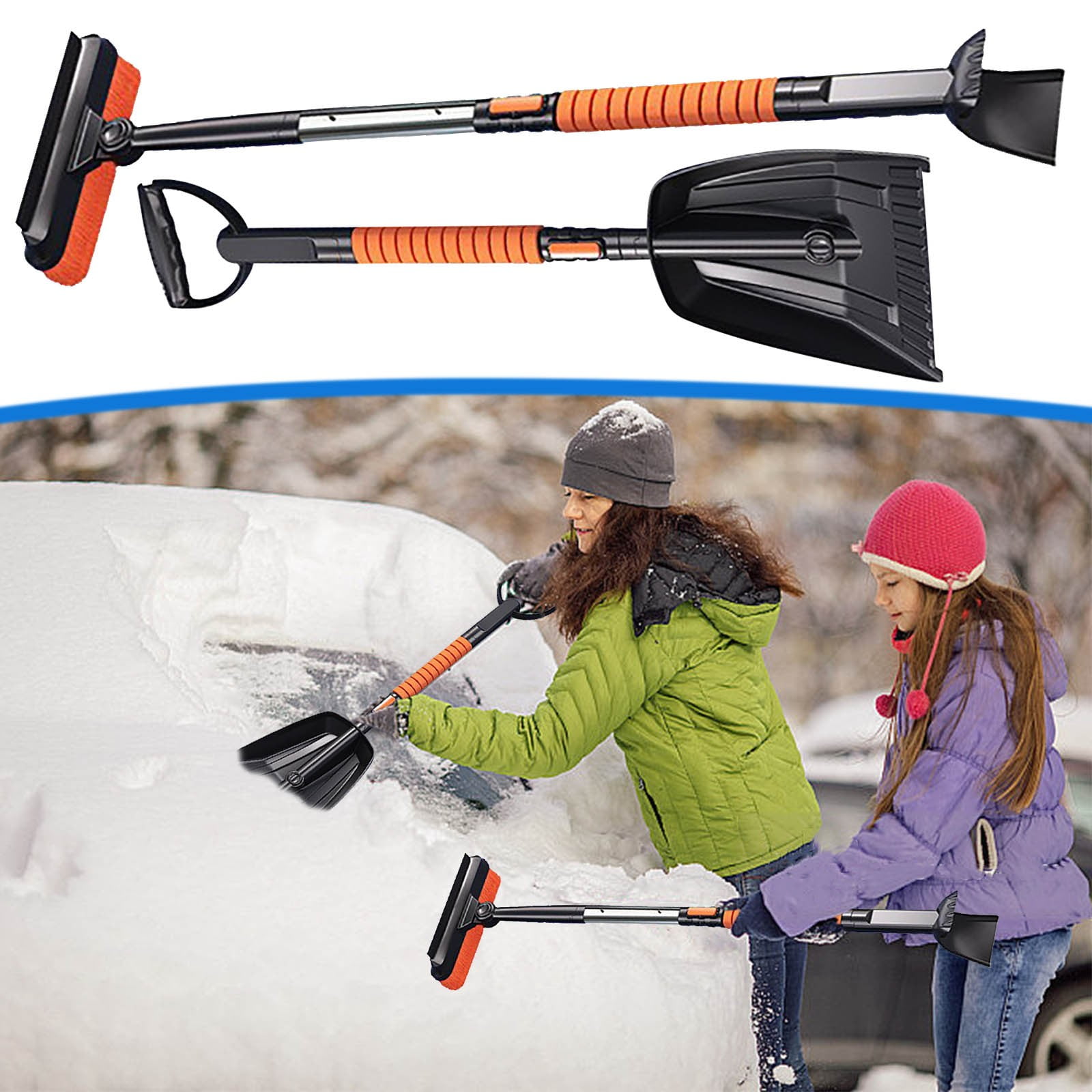 Car Snow Shovel 5-in-1 Tool with Extendable Handle & Dense Brush, Non-Scratch Scraper for Ice ...
