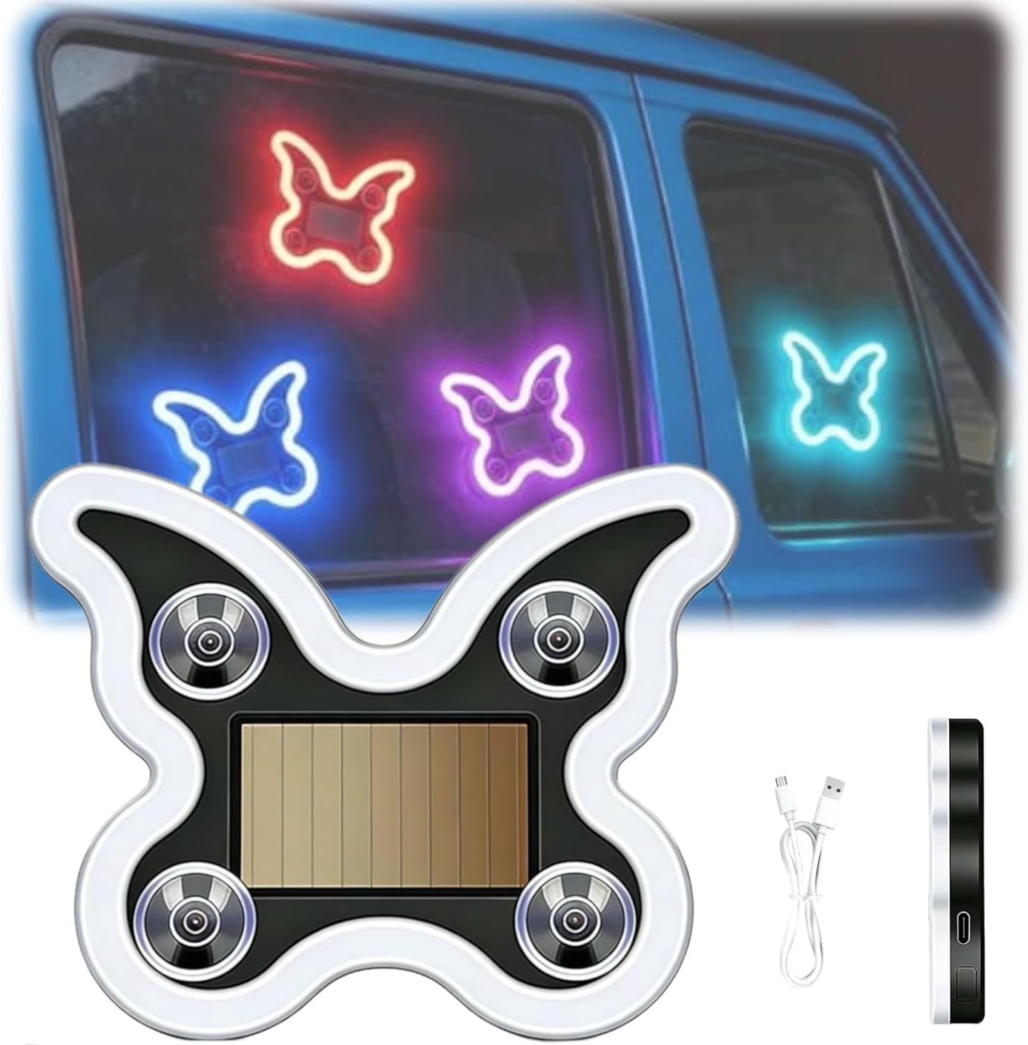 Car Solar Powered Butterfly Neon Window Light,Rechargeable Suction Cup ...