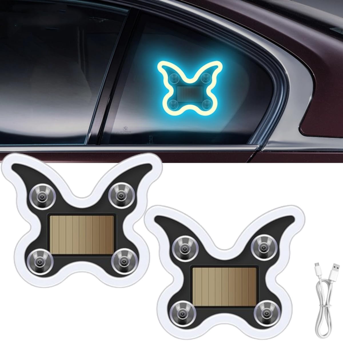 Car Solar Powered Butterfly Neon Window Light, Rechargeable Suction Cup ...
