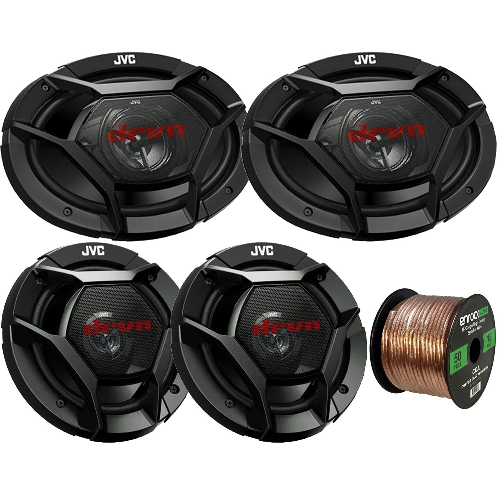 JVC Car Speaker Bundle: 2x CS-DR621 6.5" 300W, 2x CS-DR6931 6x9" 500W, 16 Gauge 50ft Wire ...