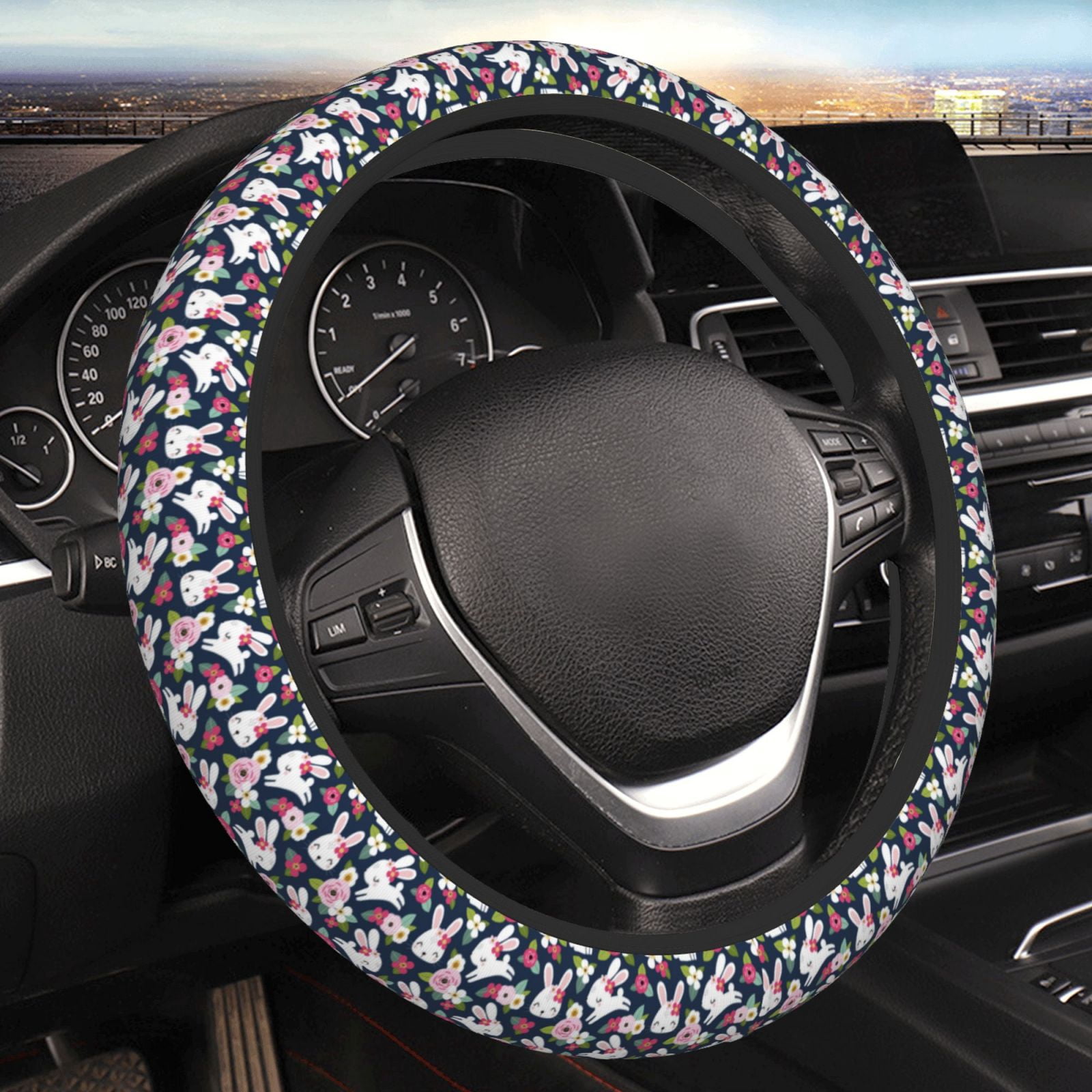 Car Steering Wheel Cover - Bohemian Smile Cute Rabbit Flower Universal ...