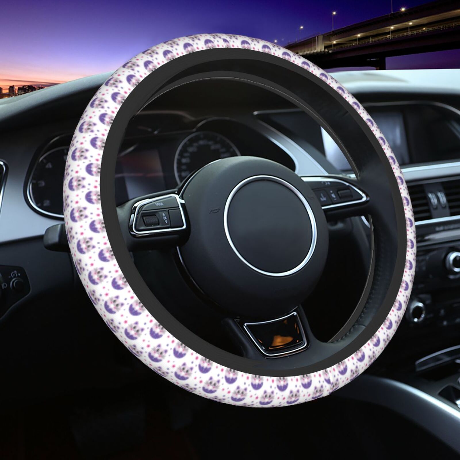 Car Steering Wheel Cover - Cute Cat Donut Print Purple Non-Slip ...