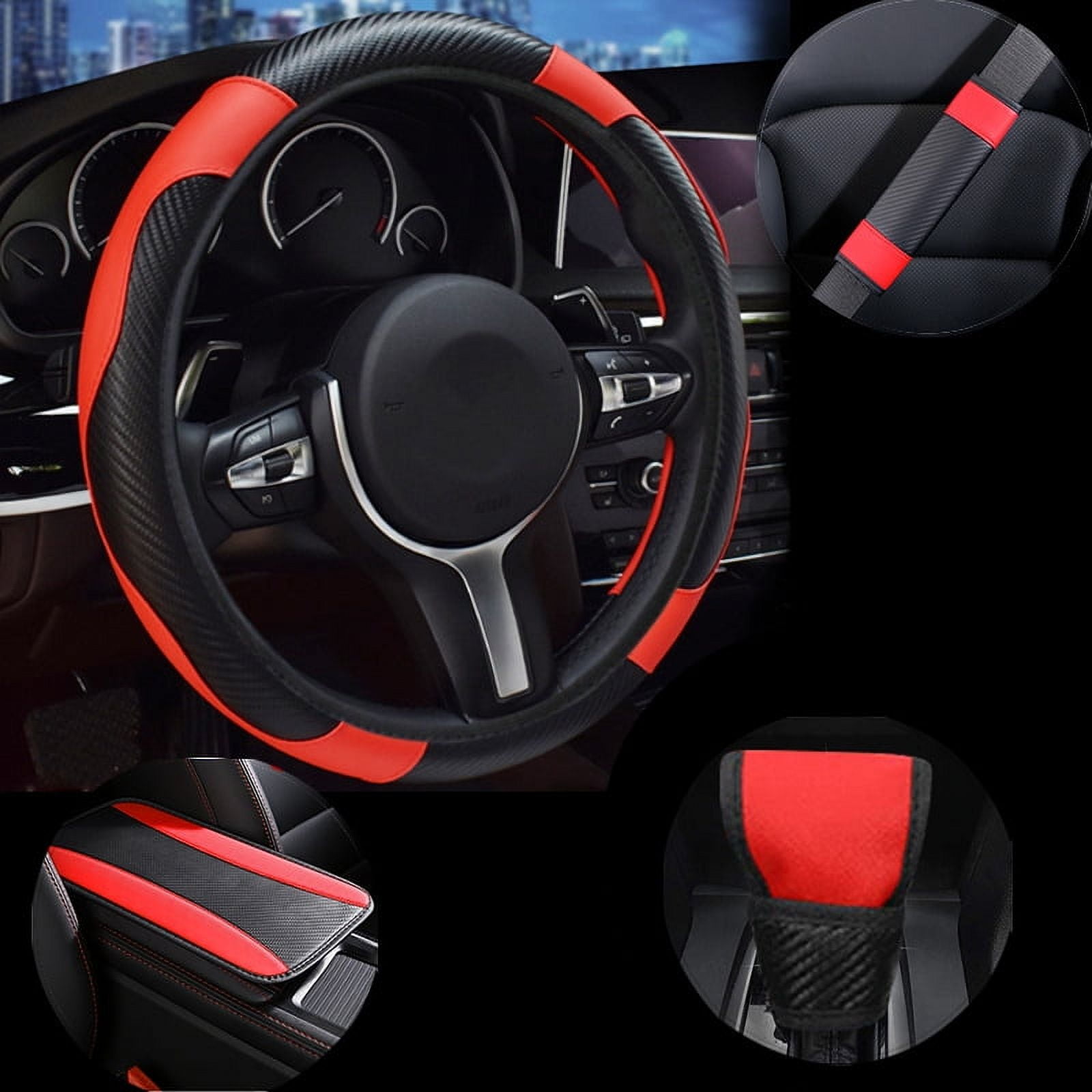 XUELC Universal Car Steering Wheel Cover, Leather, Black and Red, 15 ...