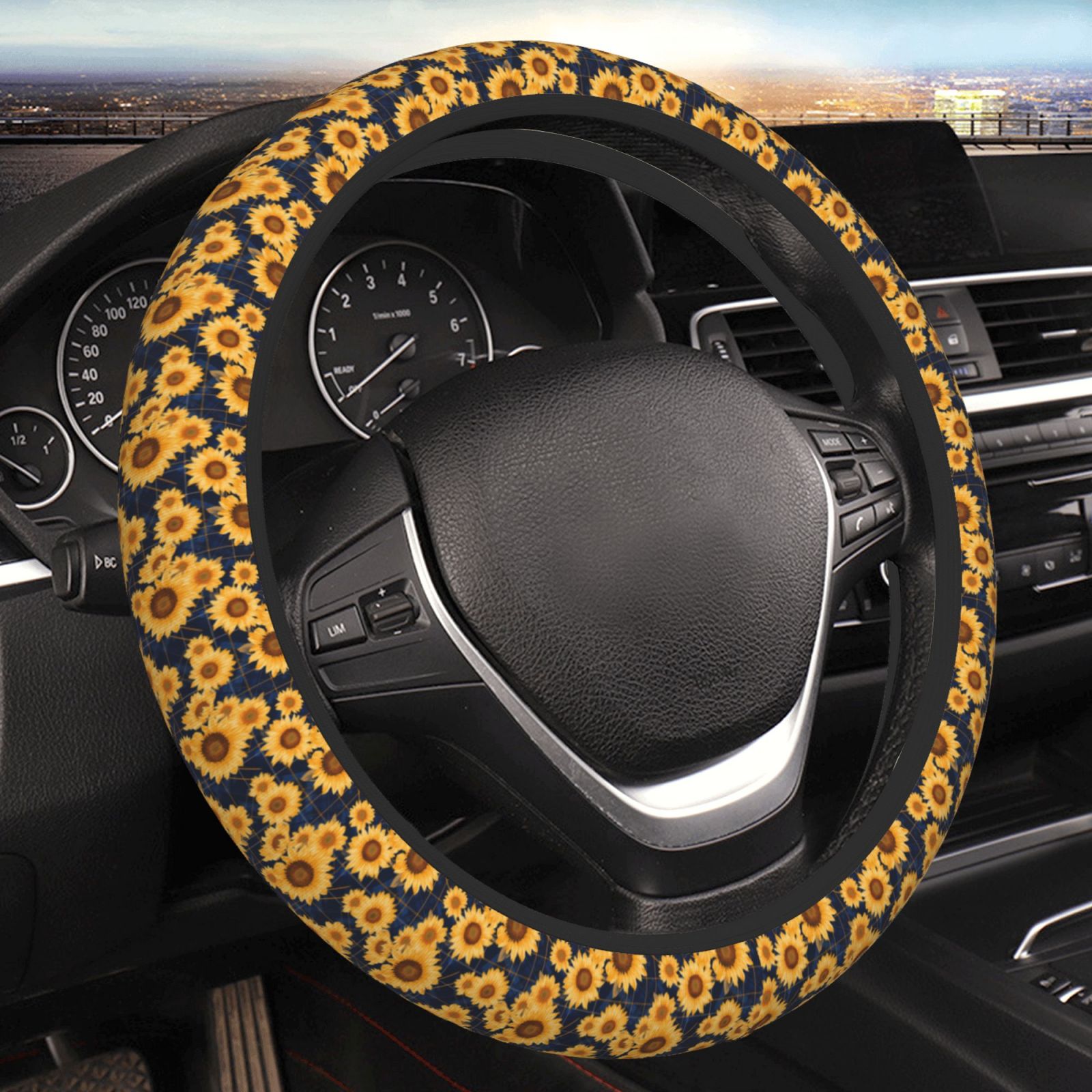 Car Steering Wheel Cover - Navy Blue Plaid Sunflower Universal Car ...