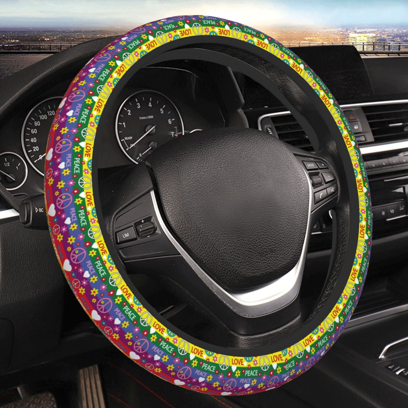 Car Steering Wheel Cover - Rainbow peace sign cute Non-Slip Thick ...