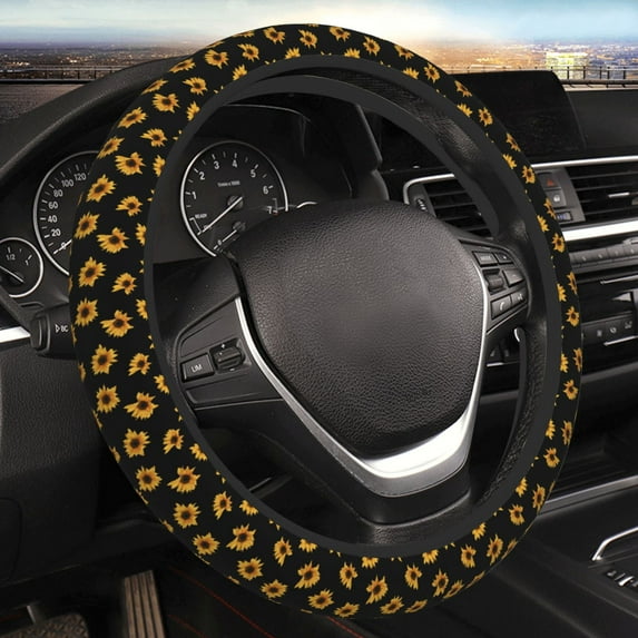 Car Steering Wheel Cover - cute sunflowers black print Universal Car ...