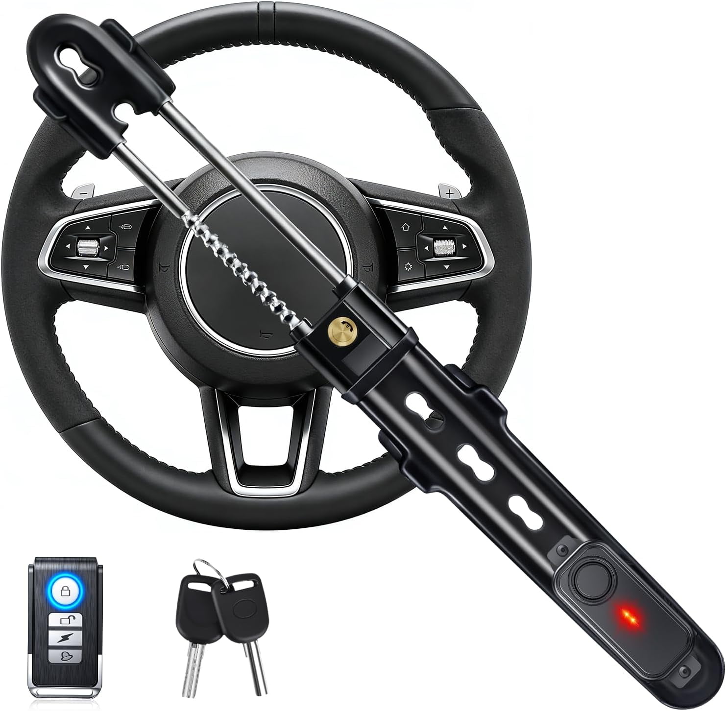 Car Steering Wheel Lock with 113dB Loud Alarm, 2 Keys + Wireless Remote ...