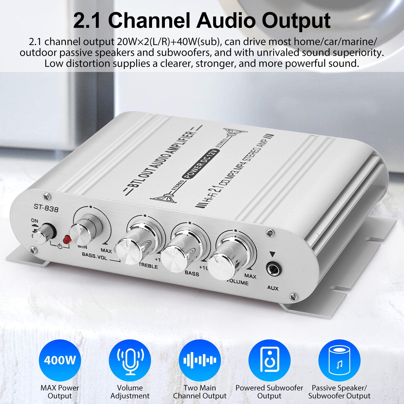 Car Stereo Amplifier Speaker Hifi Power Home Subwoofer 2.1 Channel ...