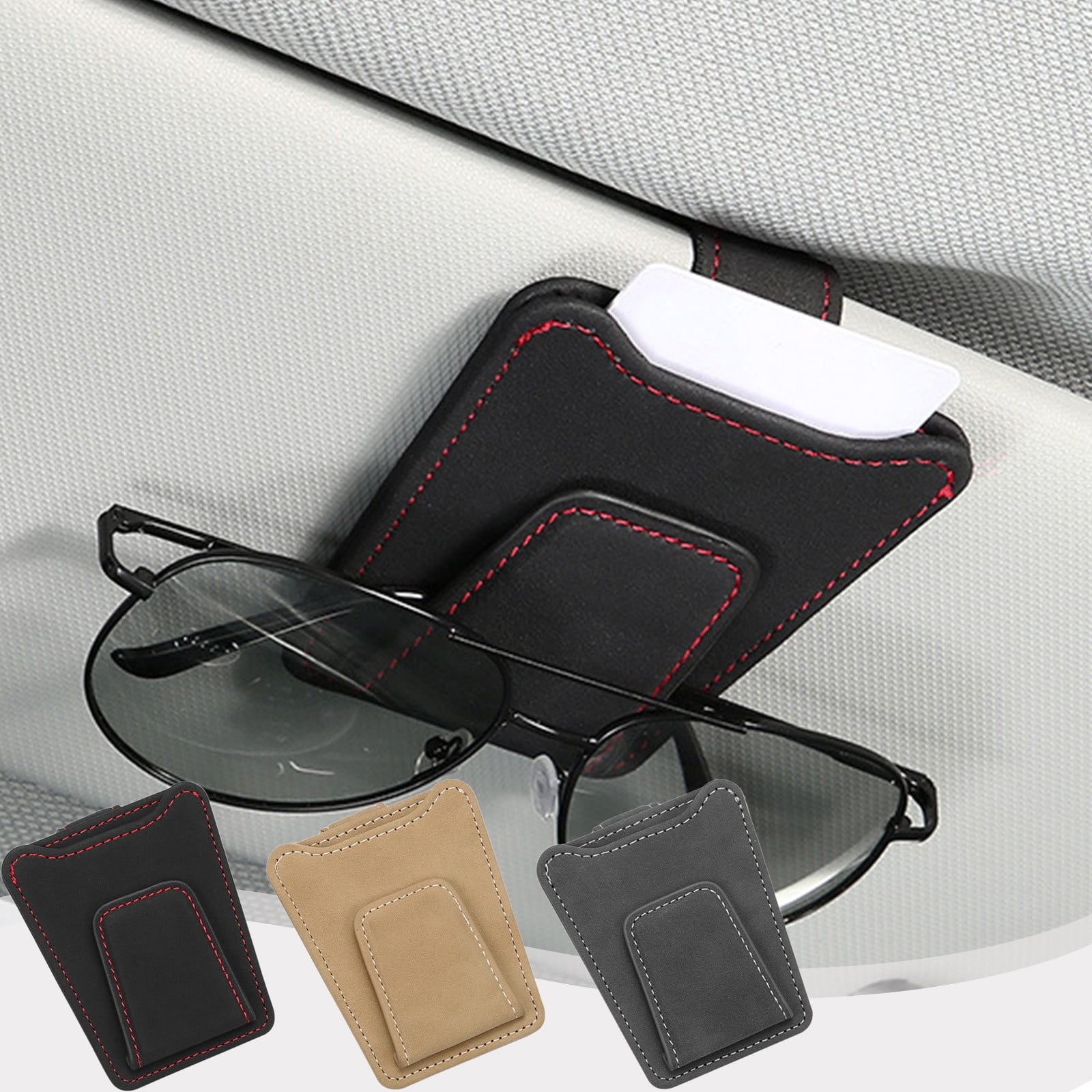 Car Sunglasses Holder Clip with Card Storage Box, Suede Leather Sun ...