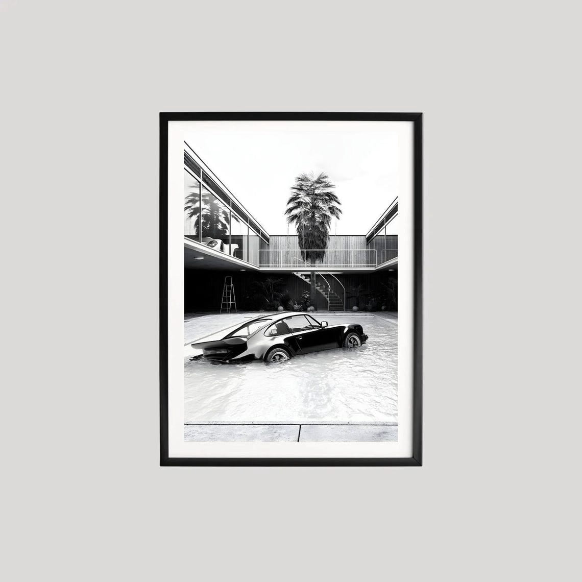 Car Surreal Pool Scene Black and White Classic Sports Car Photography ...