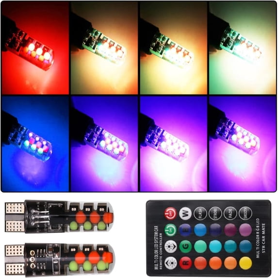 Car T10 RGB LED Bulb Width Light with Remote Control, 2pcs Multi Mode ...