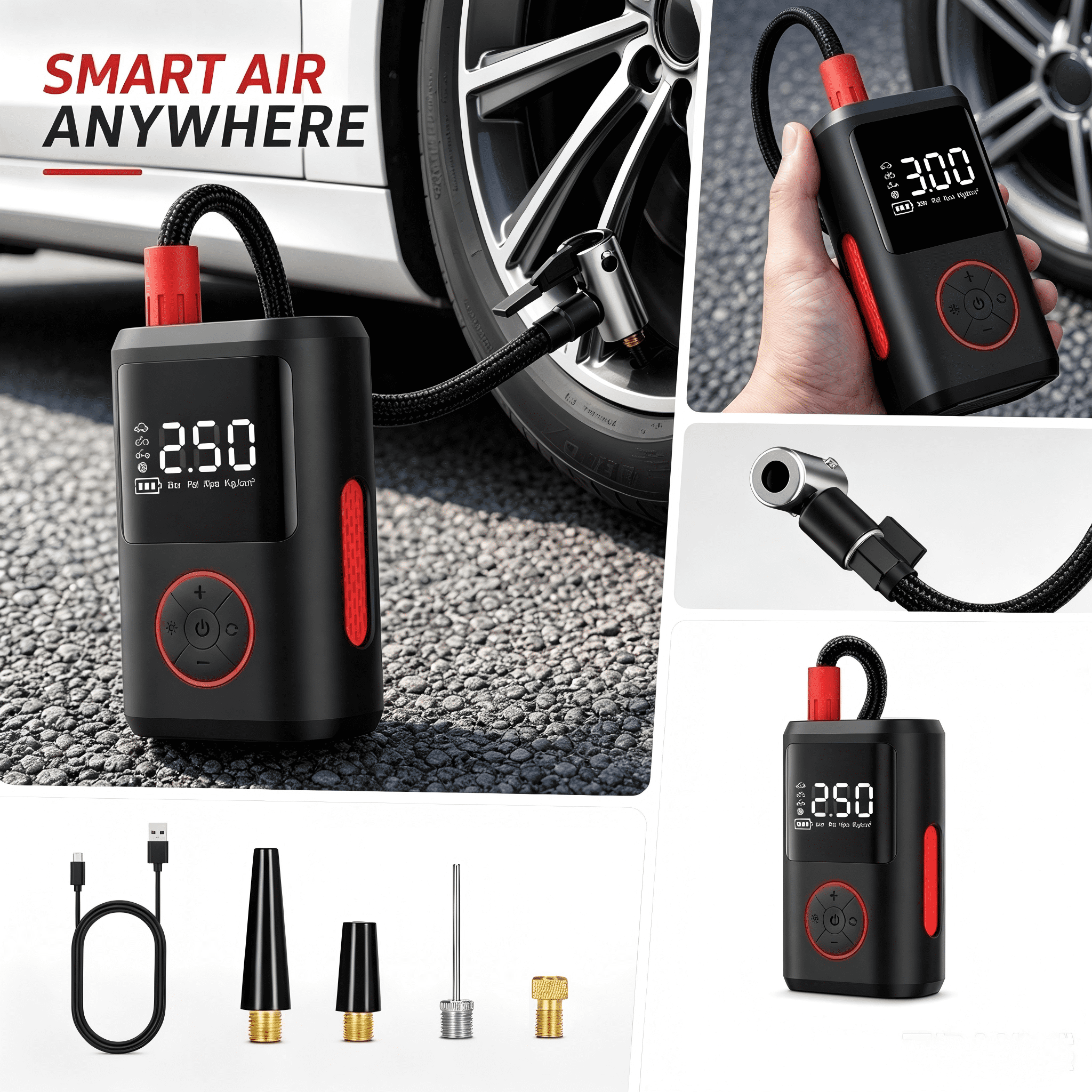 Car Tire Inflator Portable Air Compressor -Bike Air Pump, Rechargeable ...