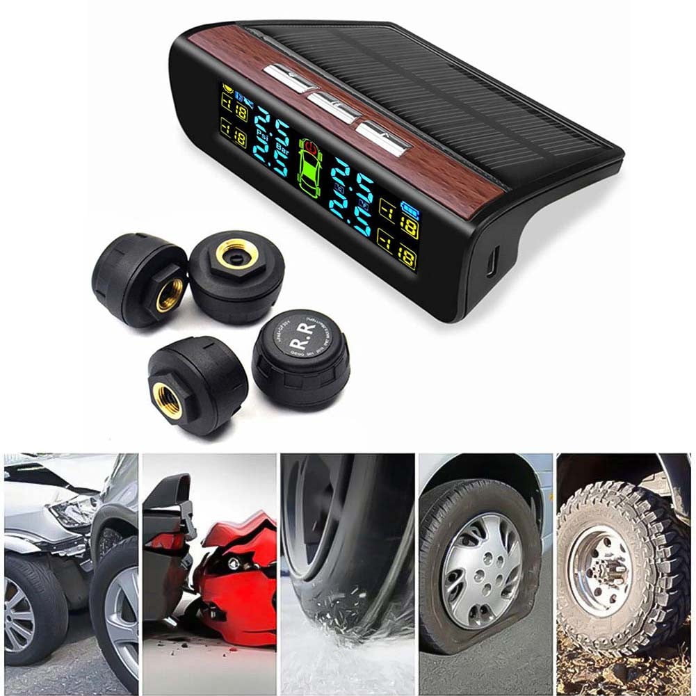 Car Tire Pressure Monitoring Solar Wireless TPMS +4 Sensors LCD Display ...