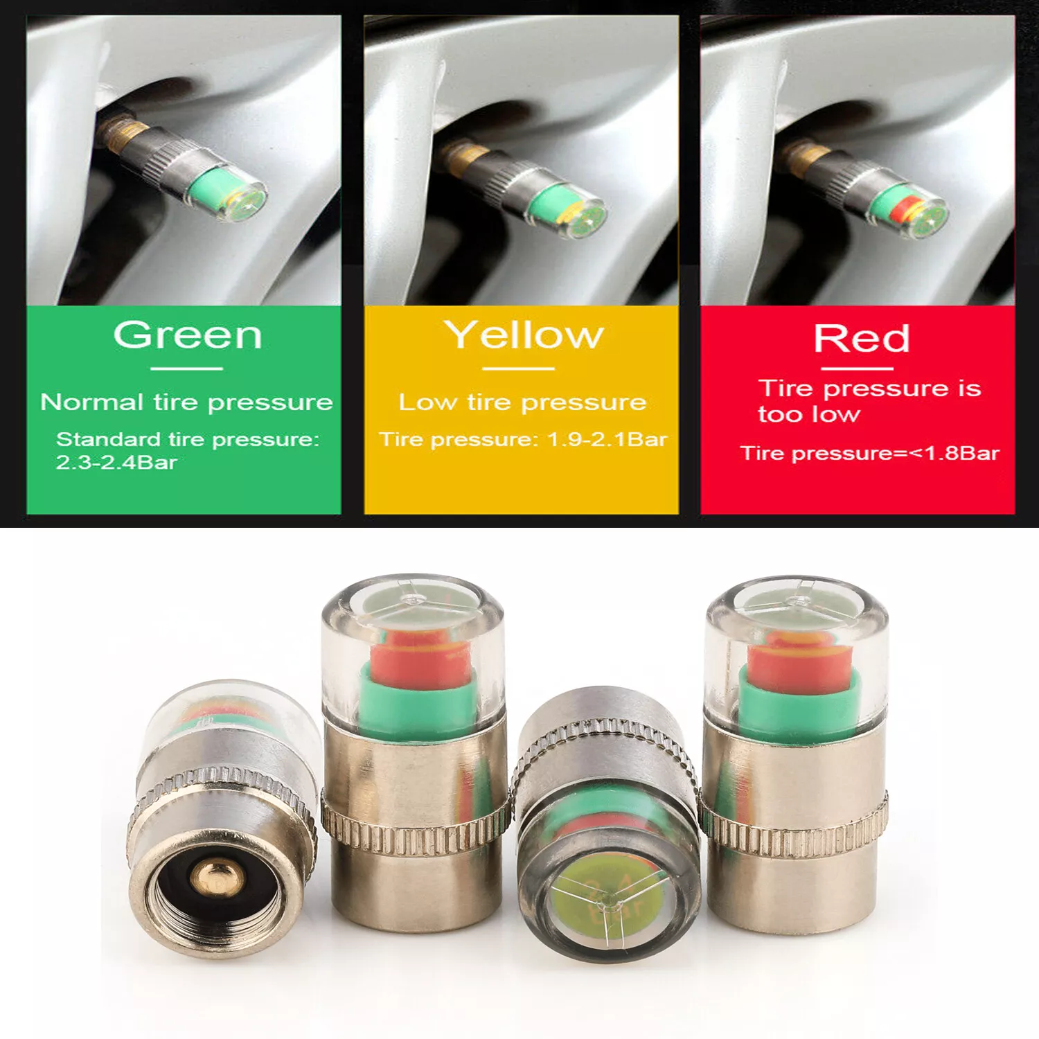 Car Tire Valve Stem Caps Pressure Monitor Sensor Indicator 3 Color ...