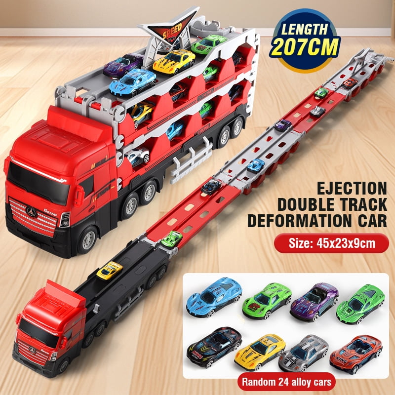 Car Track Toys Transport Truck Playset with 24 Mini Race Car, Foldable ...