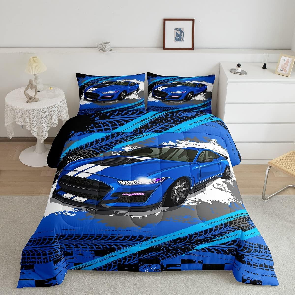 Car Twin Comforter Set for Kids Boys Girls,Blue Yellow Red Sports Car ...