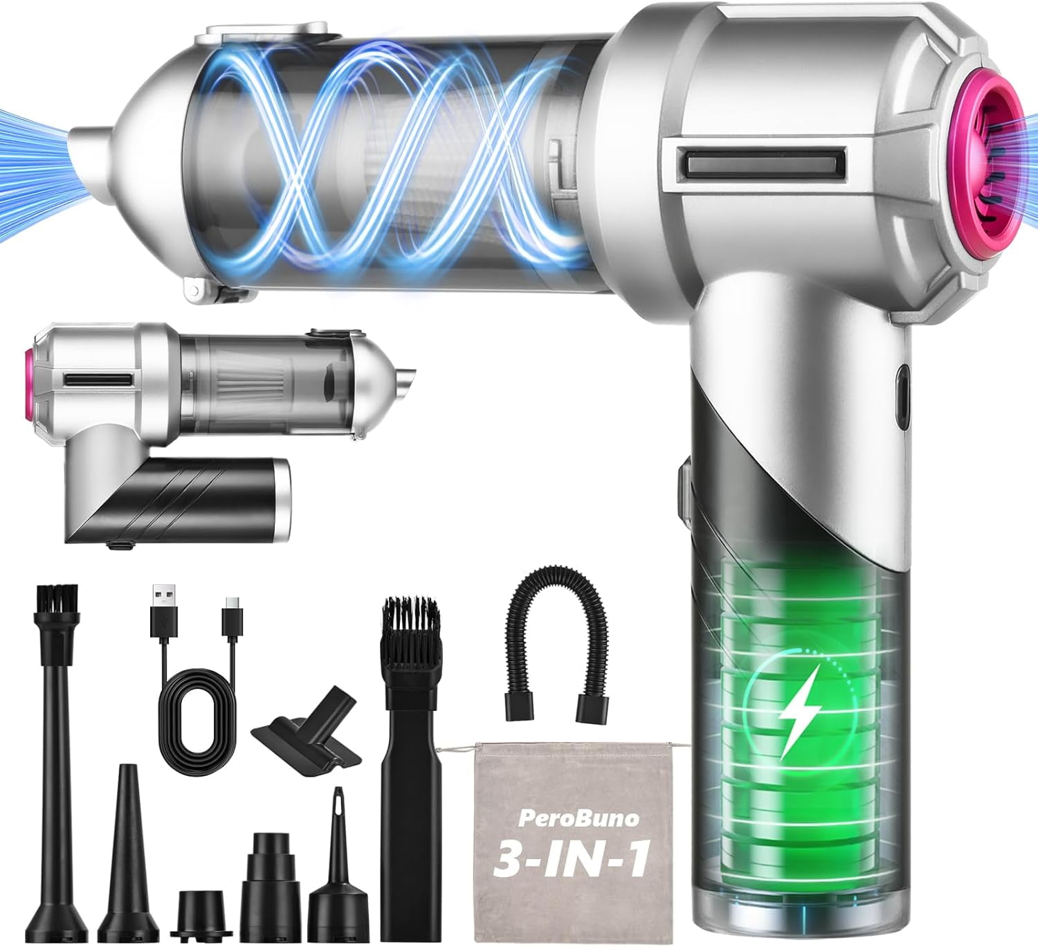 Car Vacuum Portable Cordless, 18000PA Suction, 3-in-1 Foldable Handheld ...