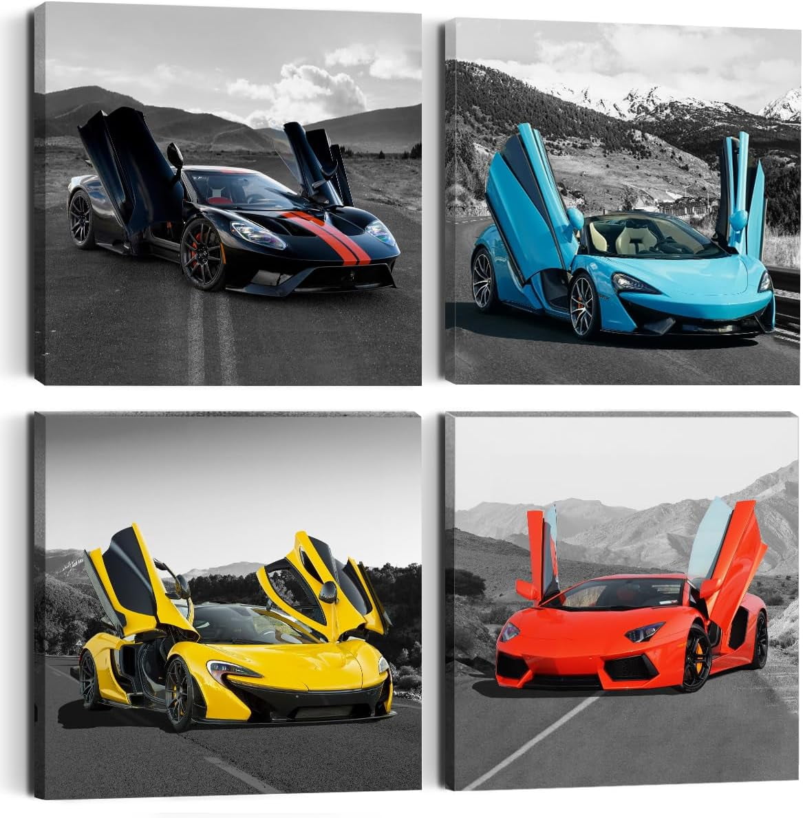 Car Wall Art 4PCS Sport Car Canvas Wall Art Colorful Racing Car Framed ...