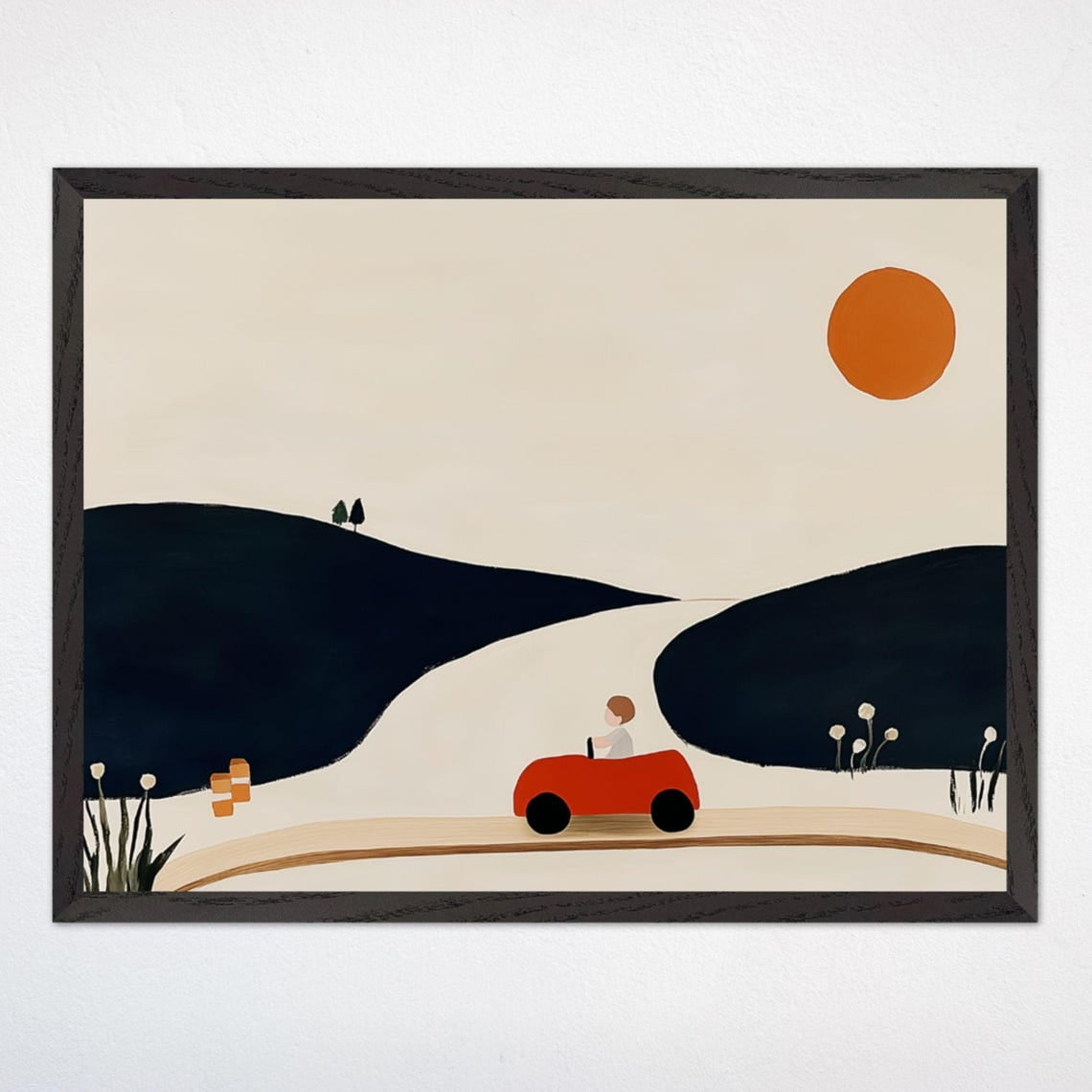 Car Wall Art, Minimalist Kids Room Decor, Red Car Sunset, Neutral ...