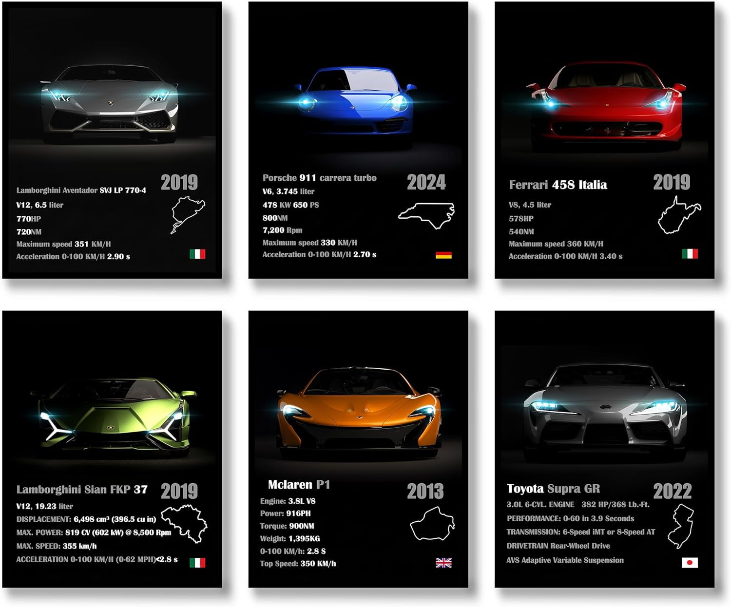 Car Wall Art Prints Set of 6 Modern Super Car Poster Racing Car ...