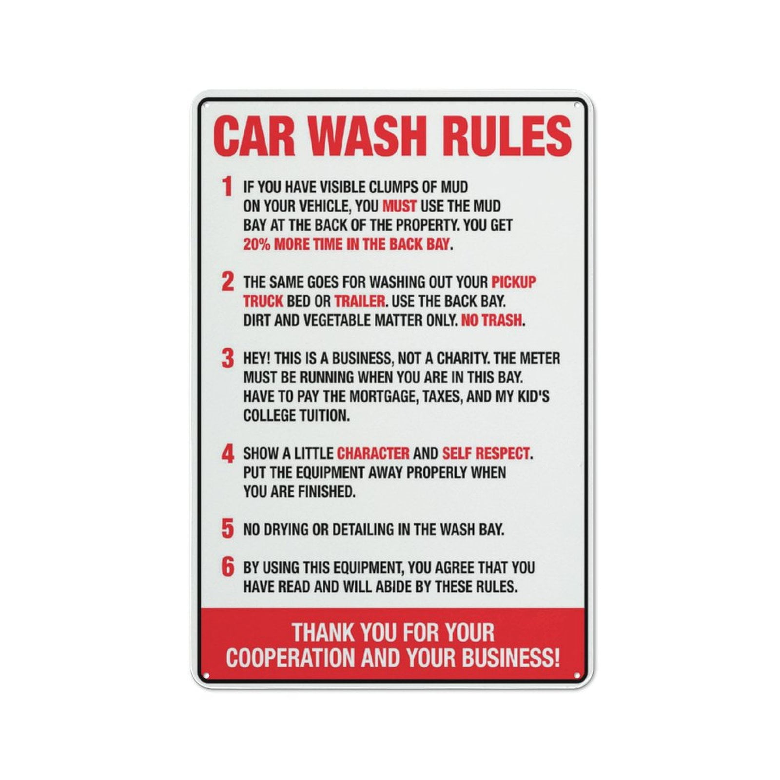 Car Wash Rules Sign Sign, 8 X 12 Grade Reflective Sheeting Rust Free ...