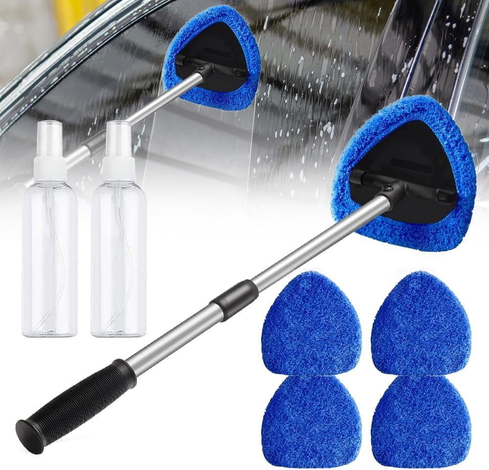 Car Windshield Cleaning Tool Set with 4 Reusable Microfiber Pads, Large ...